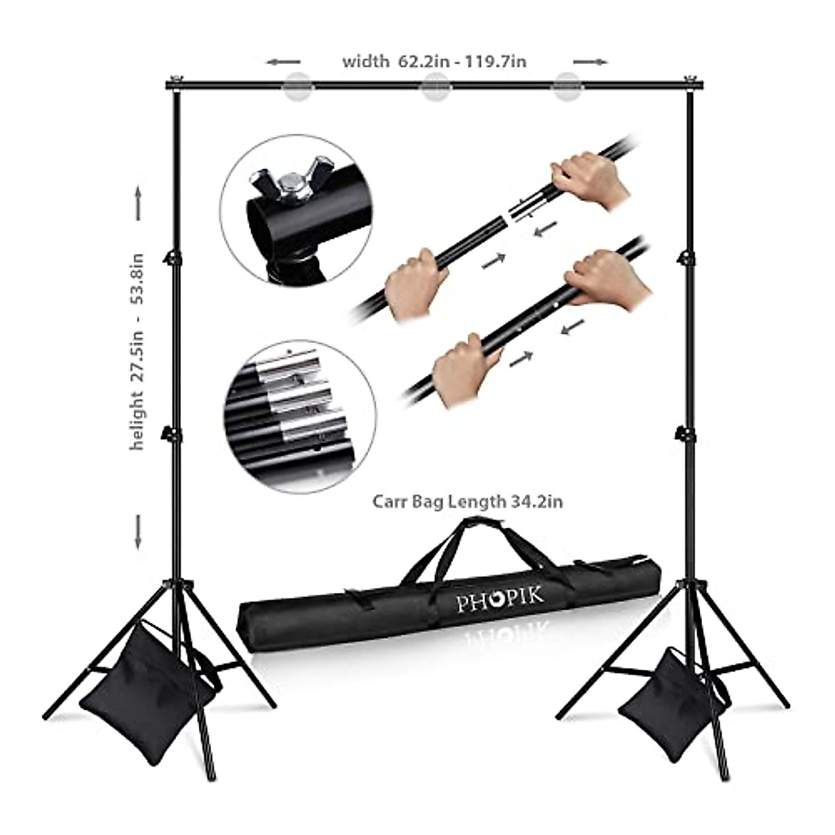 PHOPIK Photo Studio Backdrop Stand, 10ft Adjustable Photo Background Holder, Back Drop Banner Stand Support System Kit for Portrait & Studio Photography, Birthday Party