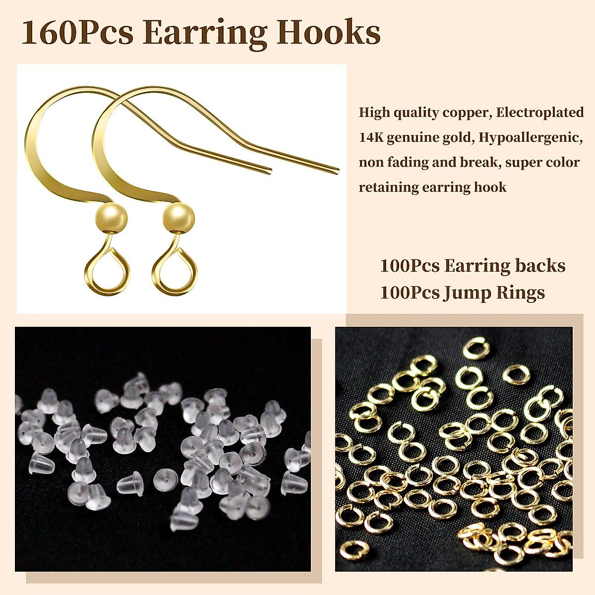 160 PCS/80 Pairs 14K Gold Tone Plated Earring Hooks Hypoallergenic Ear Wires Fish Hooks with 100 PCS Clear Silicone Earring Backs and 100 PCS Jump Rings Gold Earring Findings for DIY Jewelry Making