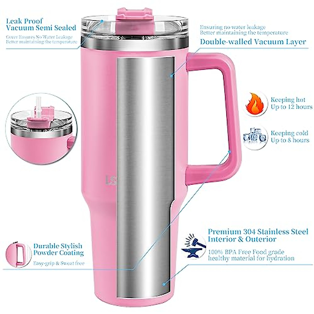 LSVUQED 40 oz Tumbler with Handle and Straw Lid, Insulated Reusable Stainless Steel Travel Mug Keeps Drinks Insulation up to 12 Hours, Leakproof Bottle for Water, Tea or Coffee and More.(Hot Pink)