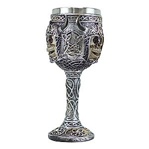 Ebros Viking Berserker Skull With Bison Horned Helmet Wine Goblet 7oz With Celtic Knotwork Patterns Vintage Chalice Cup With Food Safe Stainless Steel Liner As Halloween Ossuary Macabre Skulls Accent