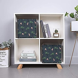 Pink Flamingo Birds and Palm Trees Canvas Collapsible Storage Bins Cube Organizer Baskets with Handles for Home Office Car