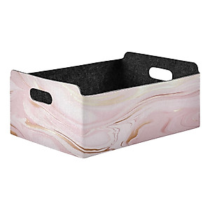 YETTASBIN Rose Gold Marble Felt Storage Baskets with Handle, Collapsible Open Storage Bin Drawers Storage Box for Shelf Closet Office Bedroom Nursery Home, 14 x 5 x 10 Inch