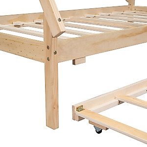 LostCat Twin Bed with Trundle, Twin Size Tent Floor Bed, Teepee Bed for Kids Teens Girls Boys, Wood Montessori Bed with Slat Support, Easy Assembly, Natural