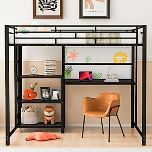 Full Size Loft Bed with Desk and Storage Shelves, Metal Loft Bed Full Size with Whiteboard and 3-Tier Shelves, Full Size Loft Bed for Kids, Teens (Black Full)