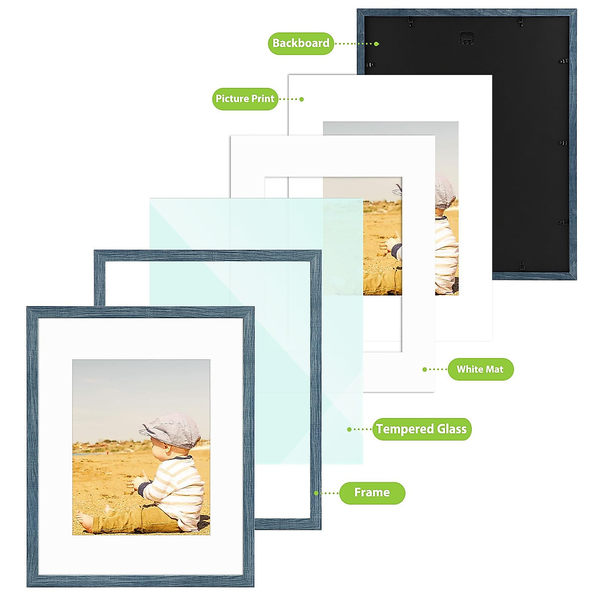 Golden State Art, 16x20 Picture Frame with Mat for 11x14 - High Definition Glass Wall Mounting Horizontal Vertical Display (Blue, 2 Pack)