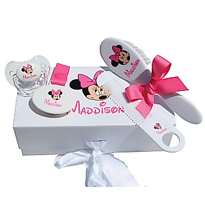 Personalized 4 Piece Baby Gift - Pacifier, Pacifier Clip, Baby Brush and Comb Set, Minnie Mouse, Suitable for Ages 0-3 Years, 0-6 Months, 6-18 Months New Baby Gift, Baby Girl Gift