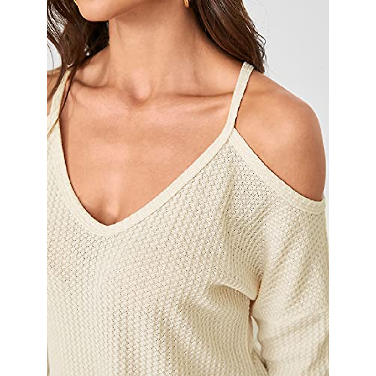 YOINS Pullover Sweaters for Women Jumpers Sexy V Neck Cold Shoulder Long Sleeves Casual Loose Fashion Knitted Tee Tops Blouse NEWVSN001-Beige S