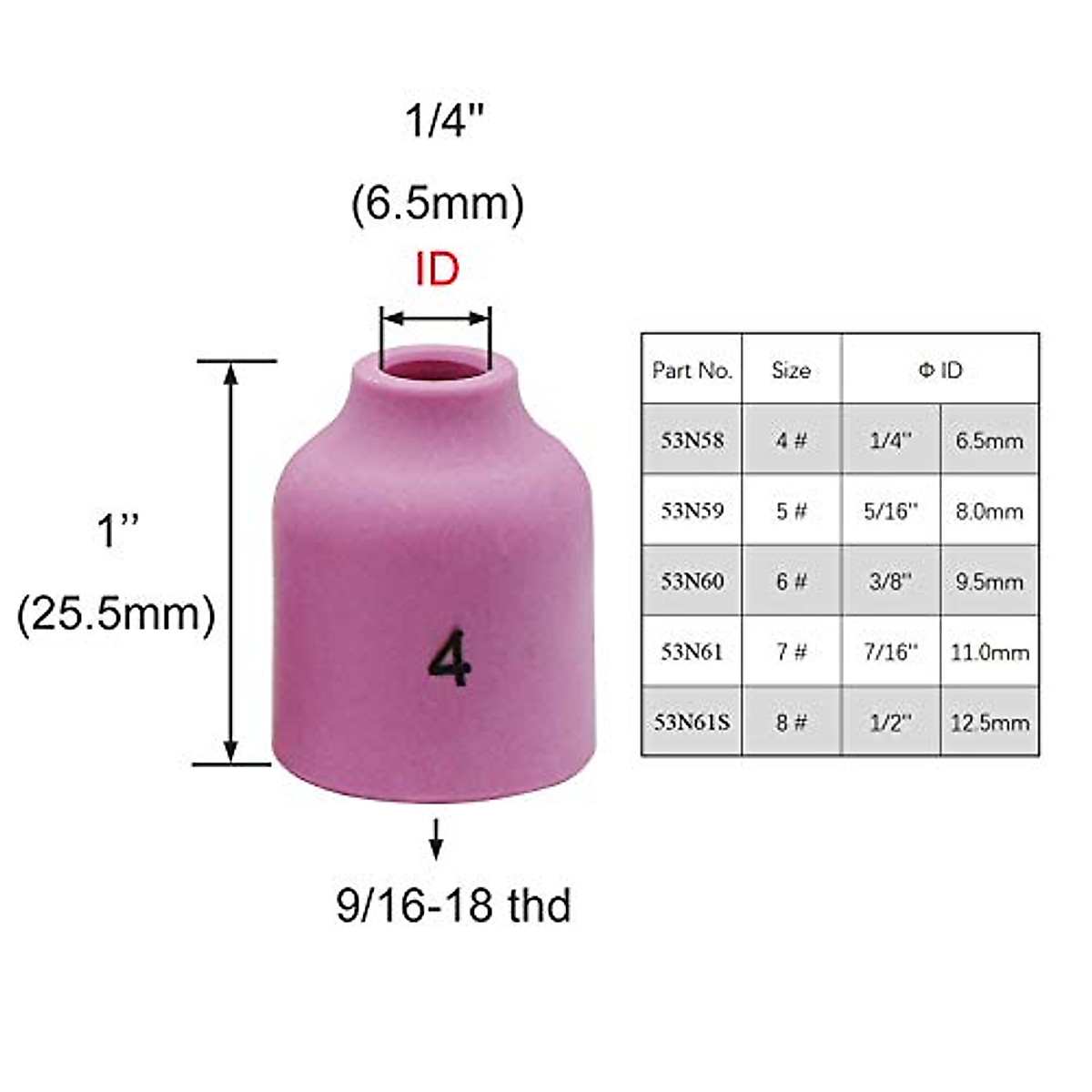 TIG Gas Lens Alumina Nozzle Ceramic Cup 53N58 4# 1/4" For SR WP- 9/20 & SR WP-17/18/26 TIG Welding Torch 10pk (Full Size 10pcs)