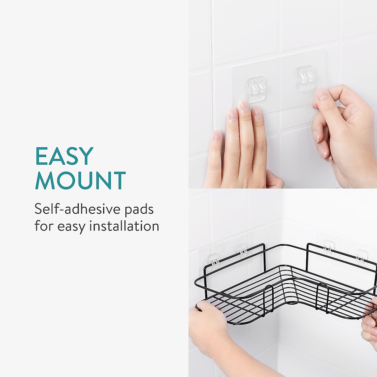 Navaris Self Adhesive Shower Caddy - Set of 2 Bathroom Organizer Shelves for Corner Wall of Bath - Toiletry Shampoo Storage Rack Holder - Black