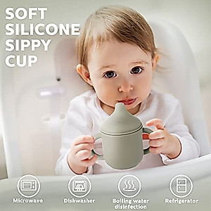Potchen 2 Pieces Silicone Sippy Cup Training for Baby 6 months+ Soft with Straw Spill Proof Cups Toddlers Handles and Spout Lid Easy Grip 5oz (Blue, Green, Cute Style), (Pack of 1)