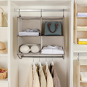 TOPIA HOME 4-Section Hanging Closet Shelves with Rod, Unique Thickened Cotton Fabric Hanging Closet Organizer, Closet Organization for Clothes, Baby, Kids, Shoes, Purse, Hat, 24" Wx12 Dx29 H, Brown