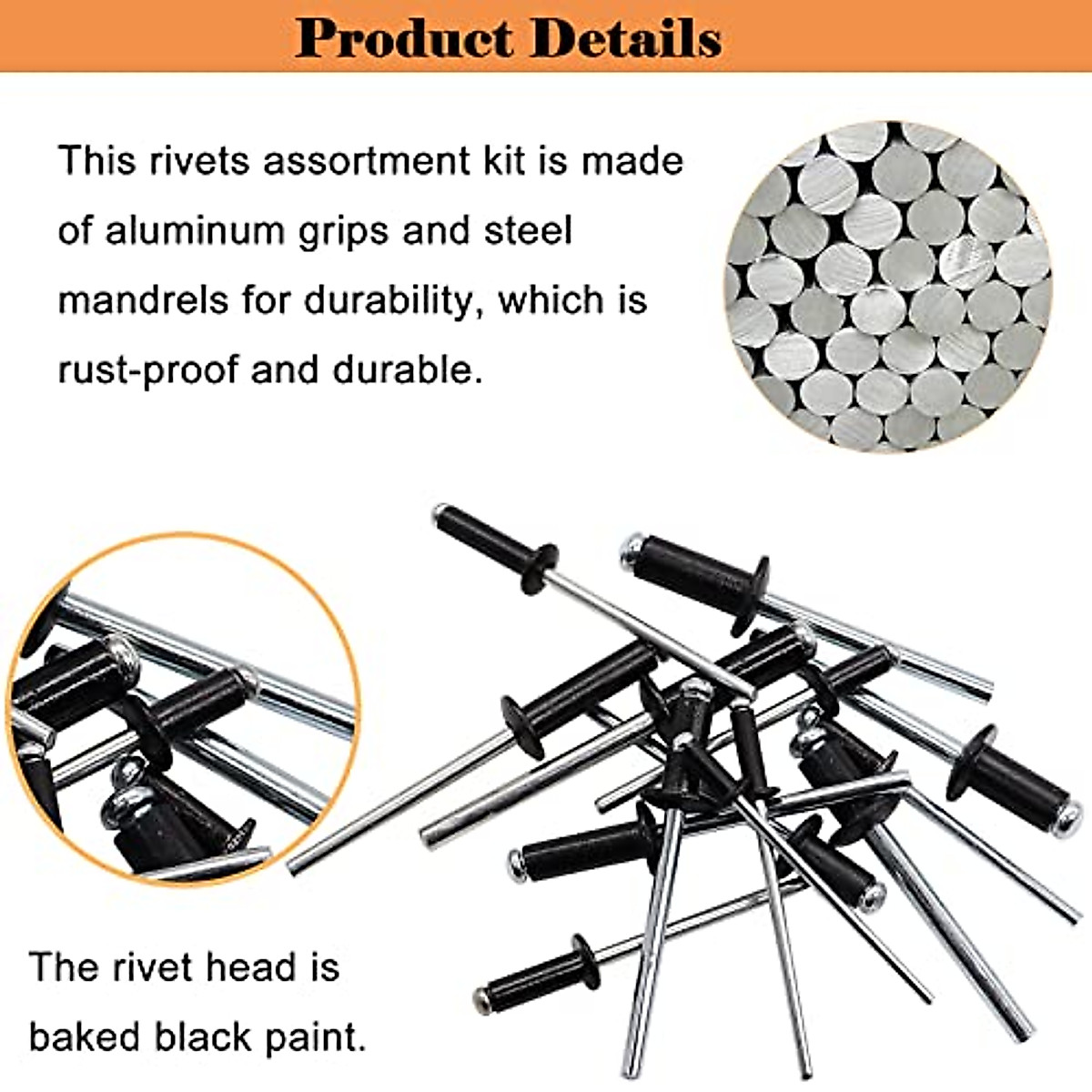Sunxeke 500pcs Pop Rivets Aluminum Rivets Assortment Kit (3/32 1/8 5/32 3/16 1/4 inch),14 Sizes Assorted Blind Rivets for Assembling RV,Furniture and Plastic Frame Windows(Black)