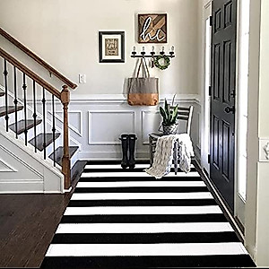 Black and White Striped Rug Outdoor Reversible Mat 35.4'' x 59'' Front Door Mat Hand-Woven Cotton Indoor/Outdoor for Layered Door Mats,Welcome Door Mat, Front Porch,Farmhouse,Kitchen,Entry Way