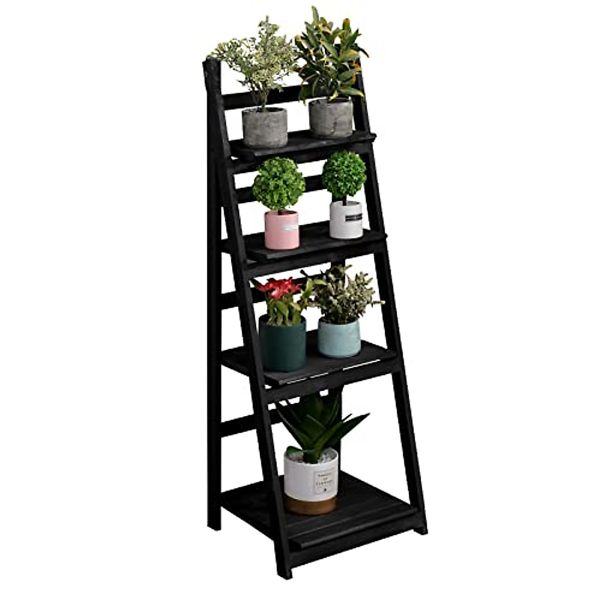 Babion Ladder Shelf, 4-Tier Ladder Bookshelf, Black Bookcase with Shelves, Storage Rack Plant Stand for Home, Bedroom, Bathroom,Office, 16 x 14 x 46 Inch, Industrial Style, Wood Frame
