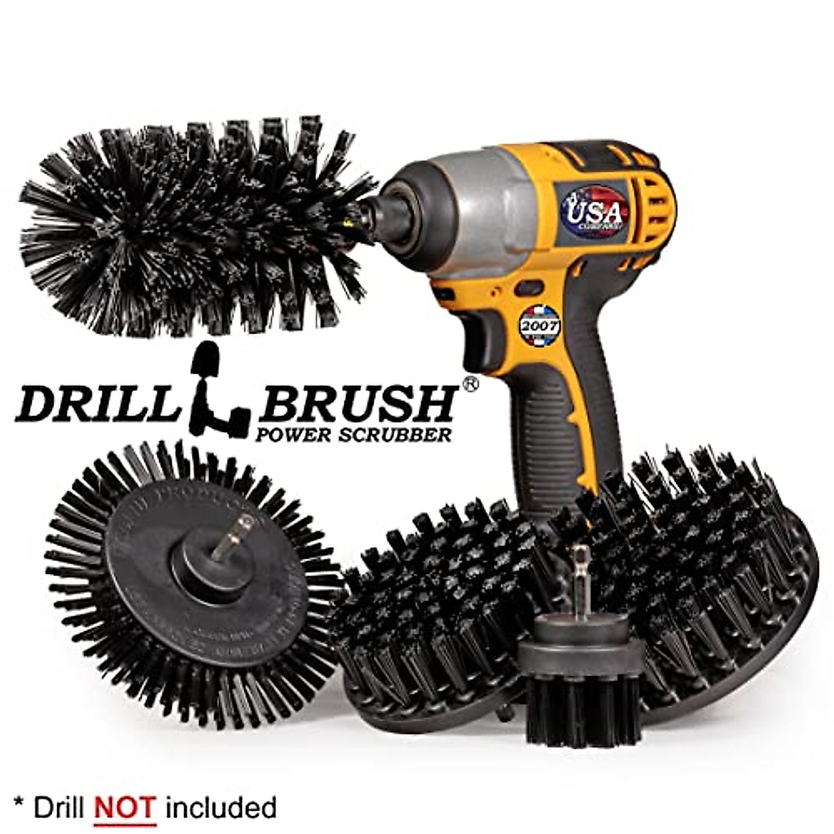 Drill Brush Power Scrubber by Useful Products - 4 Piece Black Drillbrush Ultra Stiff Cleaning Brush Set - Metal Brush for Drill Alternative - Grill Brush for Cordless Drill - Grill Grate Cleaner Brush