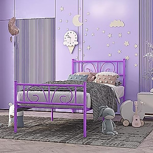 GIME Purple Metal Platform Bed Frame Twin Bed Frames with headboard for Ki‘ds