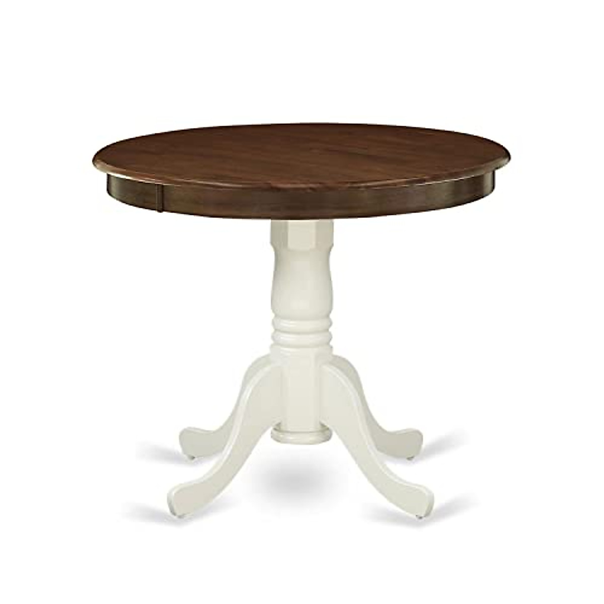 East West Furniture Kitchen AMT-WLW-TP Mid Century Modern Dining Table with Walnut Round Tabletop and 36 x 29.5-Linen White Finish