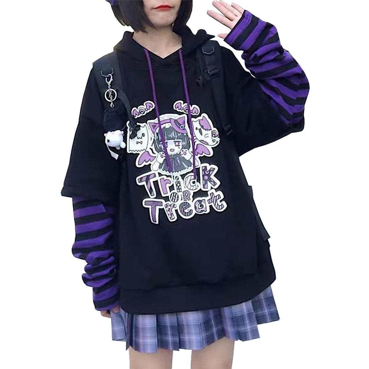 EMILYLE Womens Girls Japanese Style Hoodie Cute Pattern Print Sweatshirt Fashion Kawaii Anime Pullover(1purple-1,2XL)