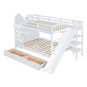 Harper & Bright Designs Full Over Full Bunk Bed with Stairs and Slide, Solid Wood Bunk Bed Frame with Storage Drawers and Bookshelf, for Kids Teens Adults- White