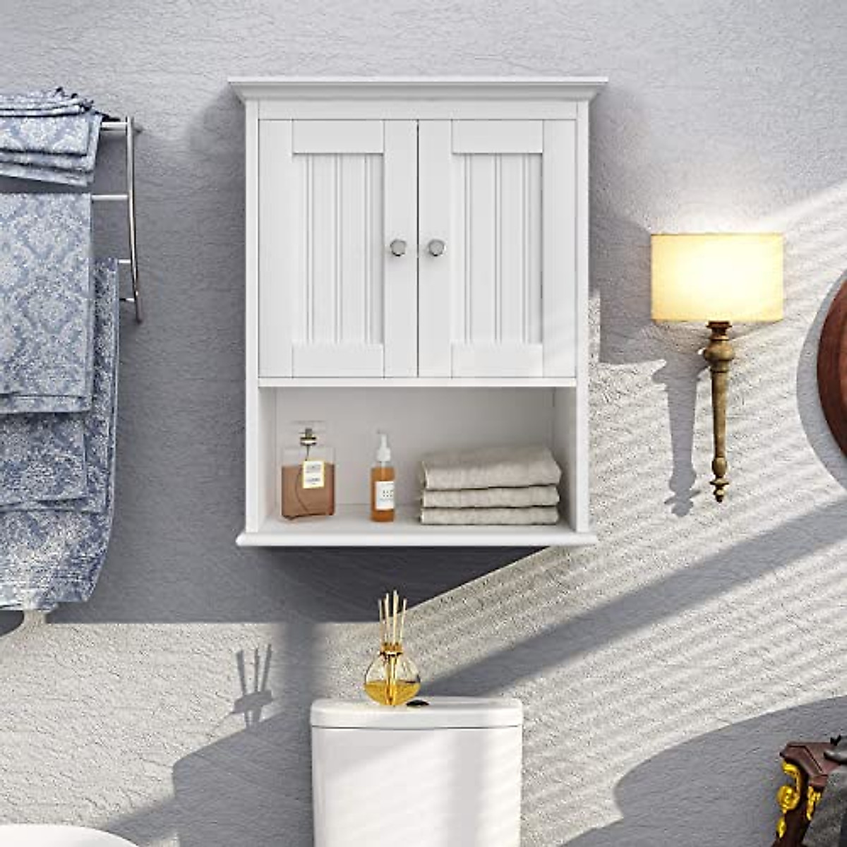 Treocho Wood Wall Cabinet, Bathroom Medicine Cabinet Storage with Doors and Adjustable Shelf, Rustic Cabinet Wall Mounted for Bathroom, Livingroom, Kitchen, Cupboard, White