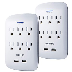 PHILIPS 6-Outlet Extender with 2-USB Port Surge Protector, 2 Pack, Charging Station, 900 Joules, Grounded Power Adapter, Indicator Light, 3-Prong, 2.4 AMP/12 Watt, ETL Listed, White, SPP6266WB/37