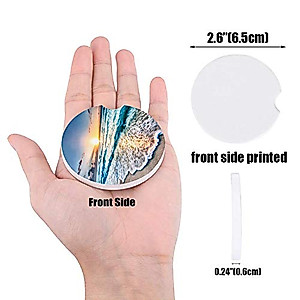 Small Car Coasters for Cup Holders 2.65" Absorbent 2 Pack Car Coaster Ceramic Stone for Drinks Absorb Water Drops Ocean Theme Sand Beach Wave Sea Water Pattern