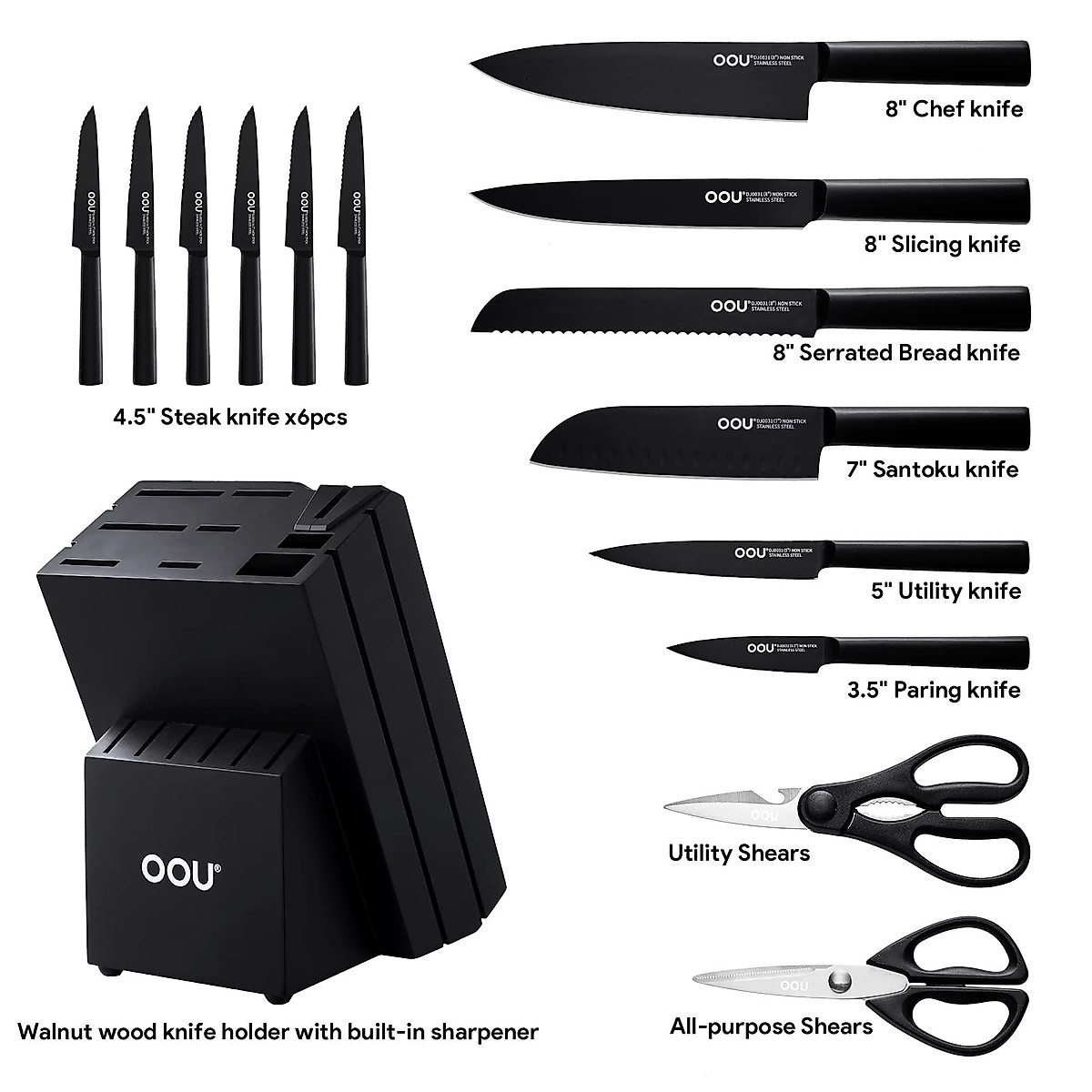 OOU Kitchen Knife Block Set - 15 Pieces High Carbon Stainless Steel Chef Knife Sets, Anti-Rust Black Knives Set with Built-in Sharpener Block, Black
