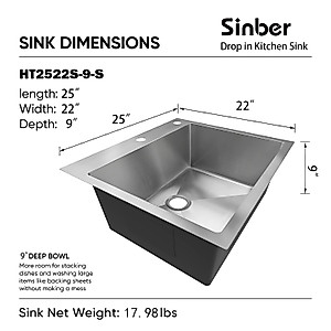 Sinber 25" x 22" x 9" Drop In Single Bowl Kitchen Sink with 18 Gauge 304 Stainless Steel Satin Finish HT2522S-9-S (Sink Only)