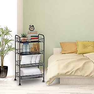 Halter 4 Tier Metal Storage Shelves with Wheels, Roller Cart Wire Storage Baskets, Office Rolling Cart Organizer, Black