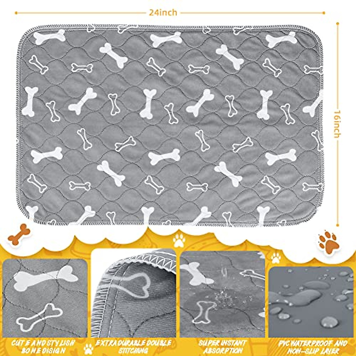 6pack Washable Pee Pads for Dogs 24 x 16 Inch Reusable Puppy Pads, High Urine Absorption Waterproof Puppy Pad Reusable Potty Pads for Dogs Whelping Potty Training