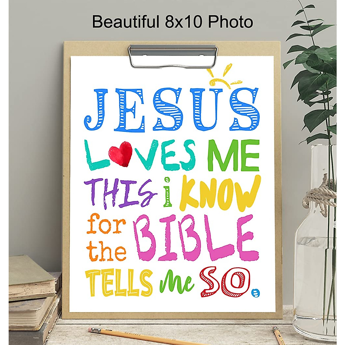 Religious Christian Kids Room Decor for Girls, Boys, Toddler Bedroom - Cute Baby Shower Gift - Jesus Loves Me Bible Verse Wall Art Print - 8x10 Poster Picture