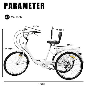 Fung-hwang Adult Tricycle 7 Speed Three Wheel Tricycle for Adults, 24 inch Womens Beach Cruiser Bike with Large Basket Adult Trikes for Men and Women