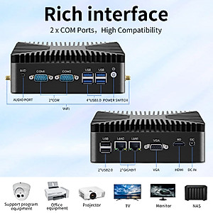 Kinupute Industrial Mini PC, Fanless Desktop Computer Celeron J1900 2.0-2.42GHz, Windows 10 Pro, 8GB RAM, 256GB SSD, 2xNICs, 2xCOM, HDMI/VGA Port, 2.4G+5G WiFi for Industry Office HTPC, Support Linux