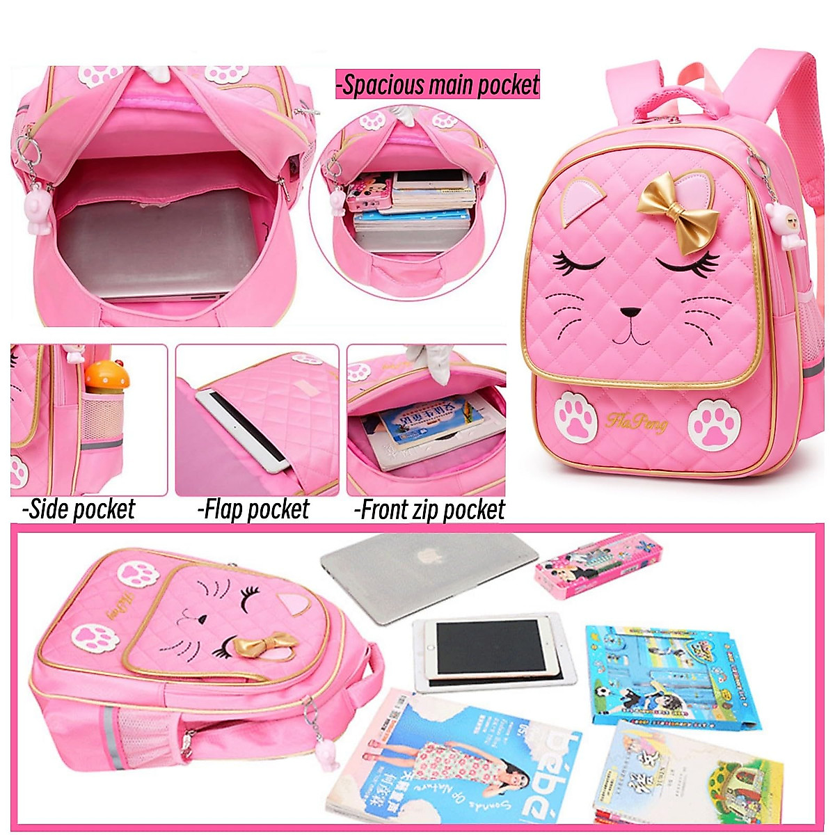 Girls Rolling Backpack Trolley School Bags Cat Face Print Travel Wheeled Carry-on Kids' Luggage
