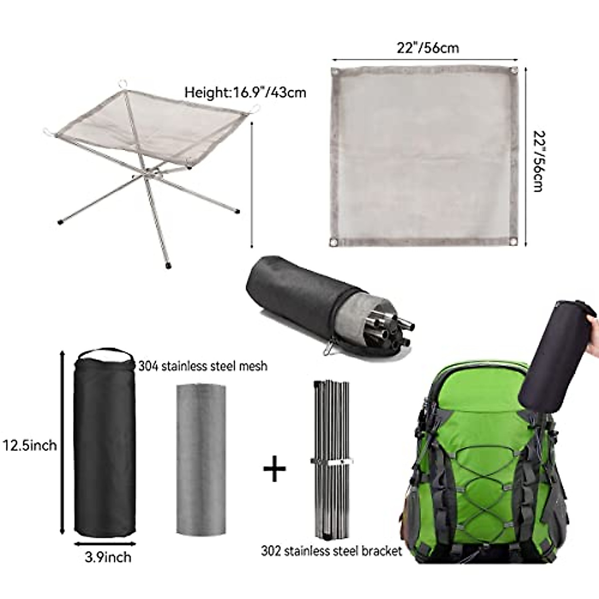 22" Portable Outdoor Fire Pit Collapsible Stainless Steel Mesh Fire Pit Collapsible Fireplace Portable Outdoor Fire Burning Table Camping Fire Grill Stainless Steel Campfire Grill Outdoor Wood Burning