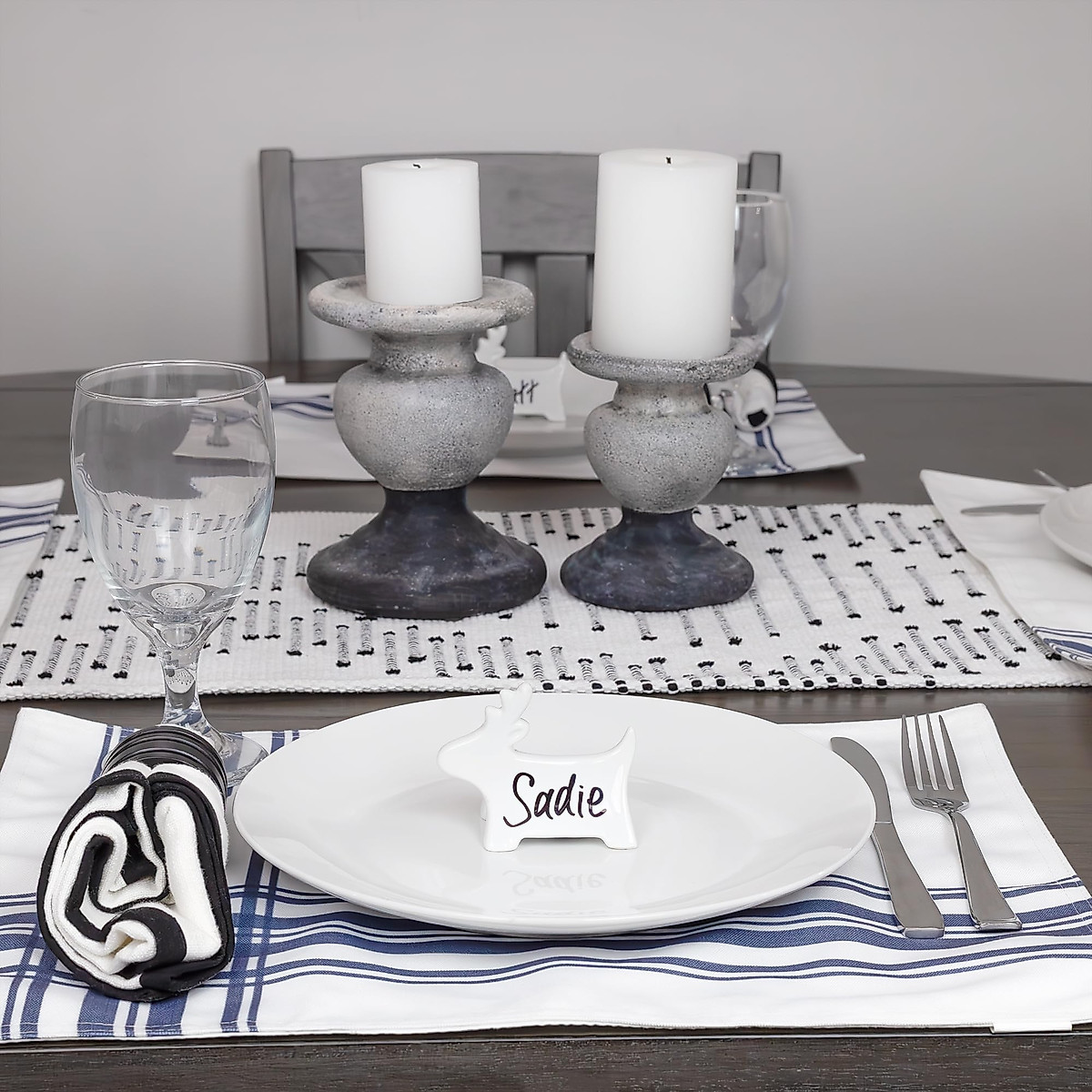 AuldHome Design Reindeer Place Card Holders (12-Pack), Ceramic Reusable Write-On Wipe-Off Christmas Place Card Stands for Table