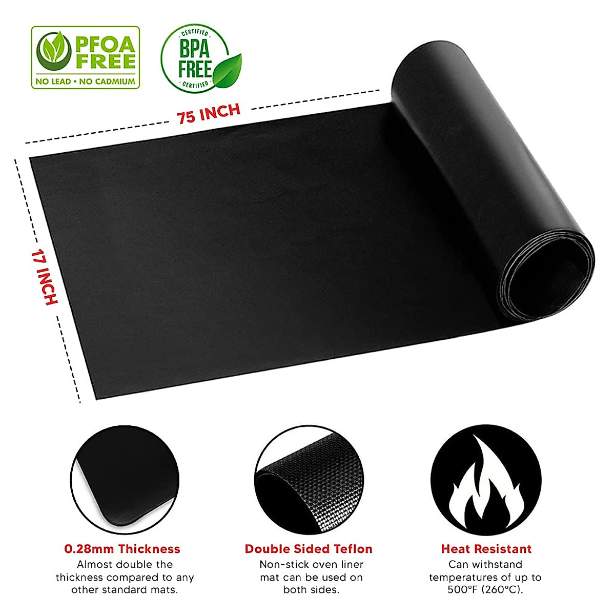 Teflon Liner Roll for Ovens, Stovetops & Grills (75” x 17”) - Custom Cut to Size & Shape Needed - Versatile Non-Stick Teflon Mat, Can Use As Oven Liner, Grill Mat, Stovetop Cover, Baking Sheet, etc.