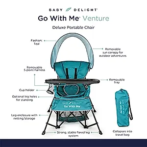Baby Delight Go with Me Venture Portable Chair | Indoor and Outdoor | Sun Canopy | 3 Child Growth Stages | Teal