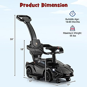 INFANS 3 in 1 Ride on Push Car, Licensed Lamborghini Baby Stroller Sliding Walking Car with Push Handle, Music, USB, Headlight, Under Seat Storage, Kids Foot-to-Floor Toy for 18-60 Months (Black)