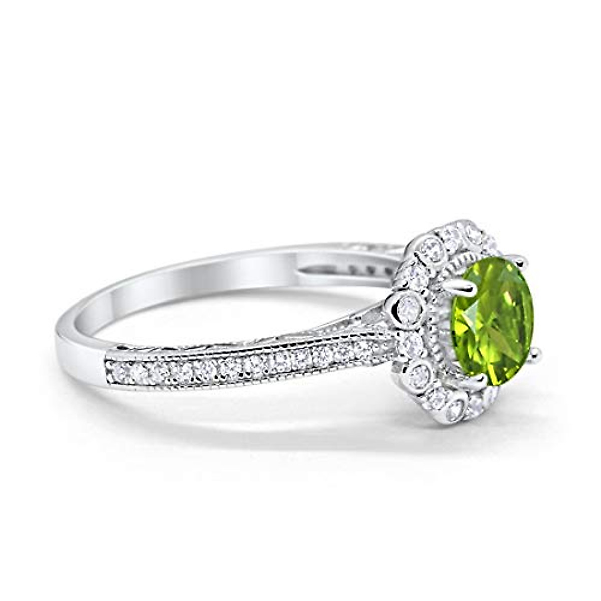 Blue Apple Co. Art Deco Filigree Halo Wedding Engagement Bridal Ring Solid Round Simulated Peridot 925 Sterling Silver, Size-8