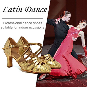RUYBOZRY Women's Latin Dance Shoes Salsa Glitter Closed Toe Ballroom Performence Practice Dancing Shoes,512-7,Gold,8.5 US