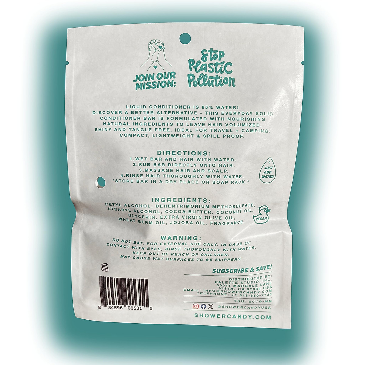 Shower Candy Moroccan Mint Solid Hair Conditioner Bar | Natural Conditioner with Plastic-Free Packaging | Zero Waste Compostable Pouch - SLS free Conditioner| Travel Size Conditioner Bars