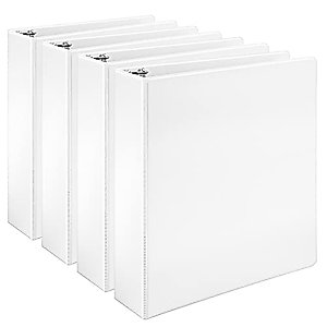 Amazon Basics 3 Ring Binder with 2 Inch D-Ring and Clear Overlay, White, 4-Pack