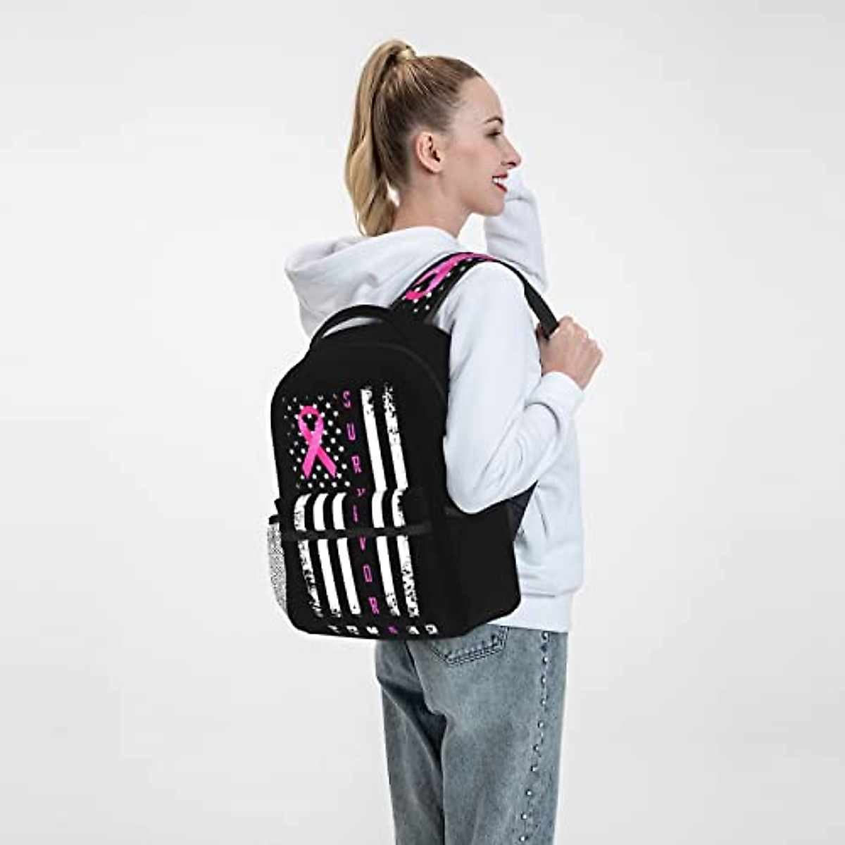 Cool Breast Cancer Survivor Women Pink 3d Printed Fashion Unisex Large Travel Daypack School Bag Laptop Backpack School For Youth Adult