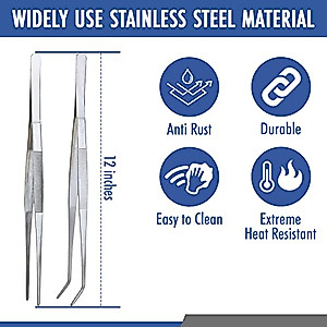 2 Pcs Straight and Curved Tip Tweezers 12 Inch, Stainless Steel Precision Tweezers Set with Serrated Tips Comfortable Ridged Handle, Tweezer Tongs for Cooking Repairing with Essential Tweezer Ebook