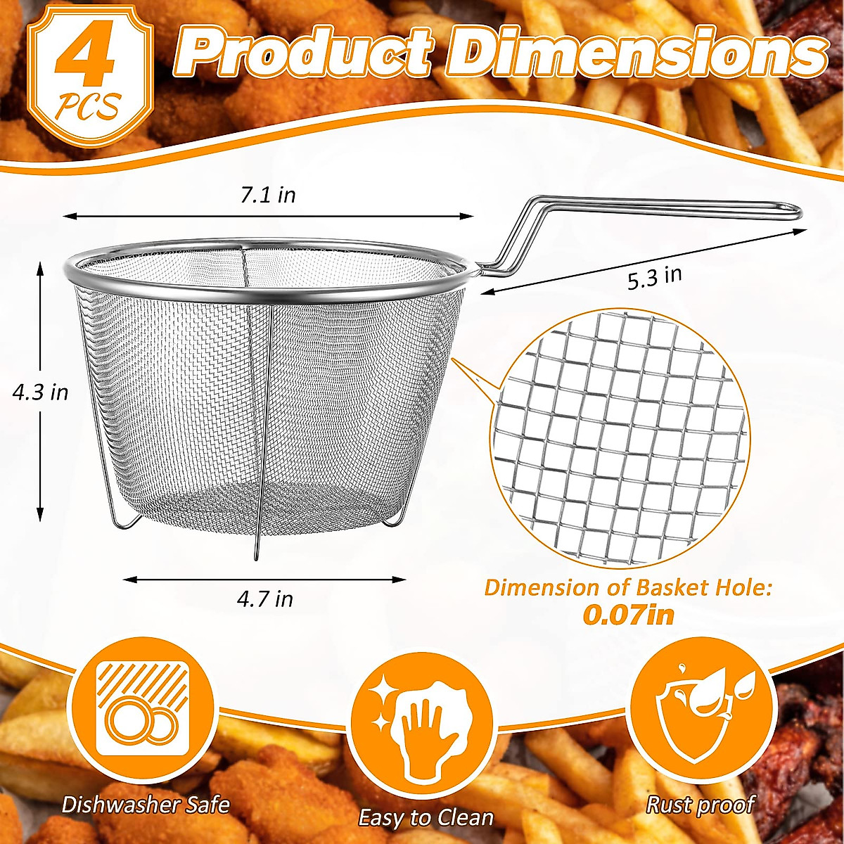 Nuanchu 4 Pieces Deep Fry Basket 7.1 Inch Round Wire Fry Basket Stainless Steel Fryer Basket with Long Handle Frying Fryer Strainer for Pot French Fries Turkey Chicken Kitchen Cooking Tools
