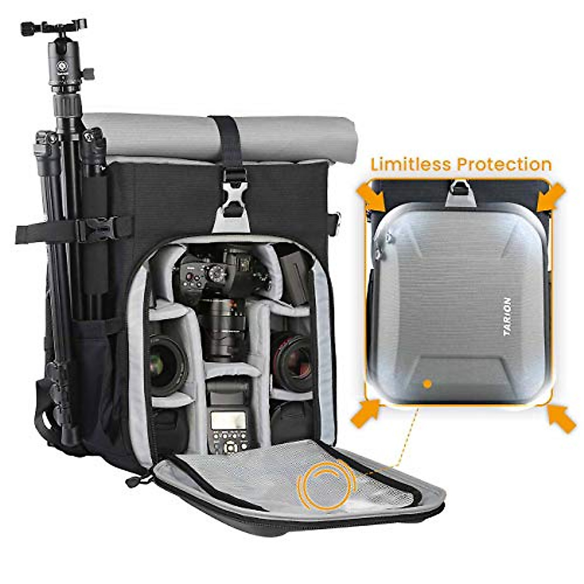 TARION XH Camera Bag Hard Shell Camera Backpack Hardcase Camera Bag Roll Top DSLR Backpack Bag with 15" Laptop Compartment Waterproof Raincover for Cameras Lens Tripod Outdoor Men Women Color Silver