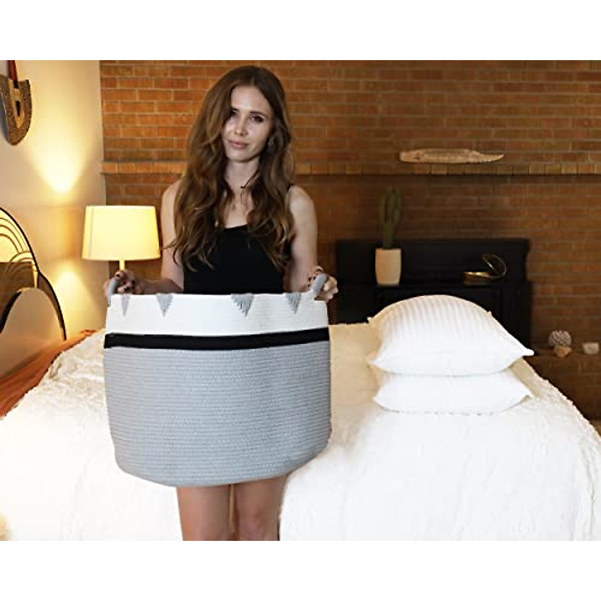 The Modish Store 18" X 18" X 15" Extra Large Premium Cotton Rope Basket Gray White Woven Basket for Blankets Toys Storage Basket with Handles Great for Comforter Cushions Storage Bins