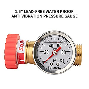 Solimeta Water Pressure Regulator with Stainless Steel Liquid Filled Lead-Free Pressure Gauge, Pressure Reducer for Camper, Trailer, RV, Garden, Plumbing System, 40-50 psi, 3/4" Hose