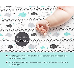 Pack n Play Stretchy Fitted Pack n Play Playard Sheet Set BROLEX 2 Pack Portable Mini Crib Sheets,Convertible Playard Mattress Cover,Ultra Soft Material，Elephant & Whale